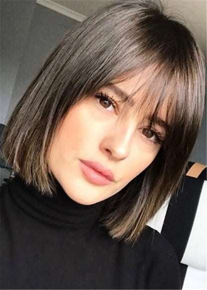 Medium Natural Straight Human Hair With Bang Women Wig 14 Inches – Hairwigs
